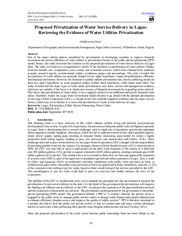 (PDF) Proposed Privatization of Water Service Delivery in Lagos ...