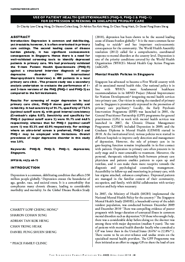(PDF) Use of Patient Health Questionnaires (PHQ-9, PHQ-2 PHQ-1) For ...