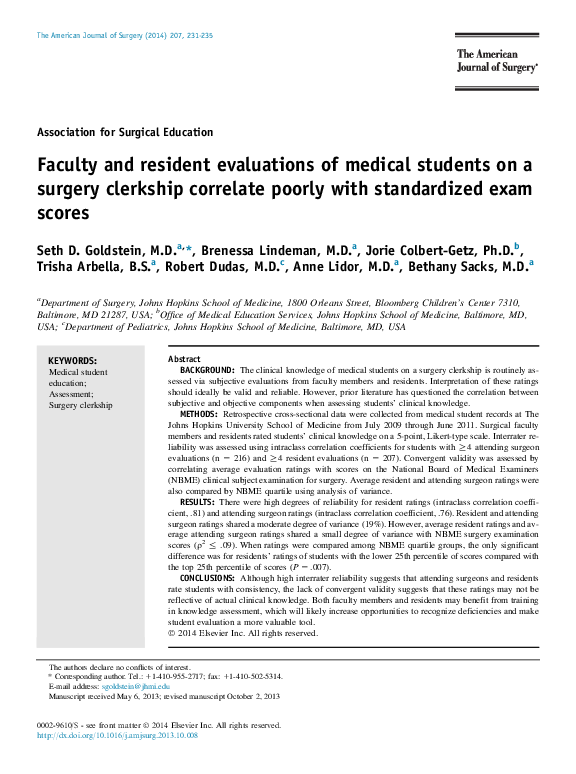 (PDF) Faculty and resident evaluations of medical students on a surgery ...