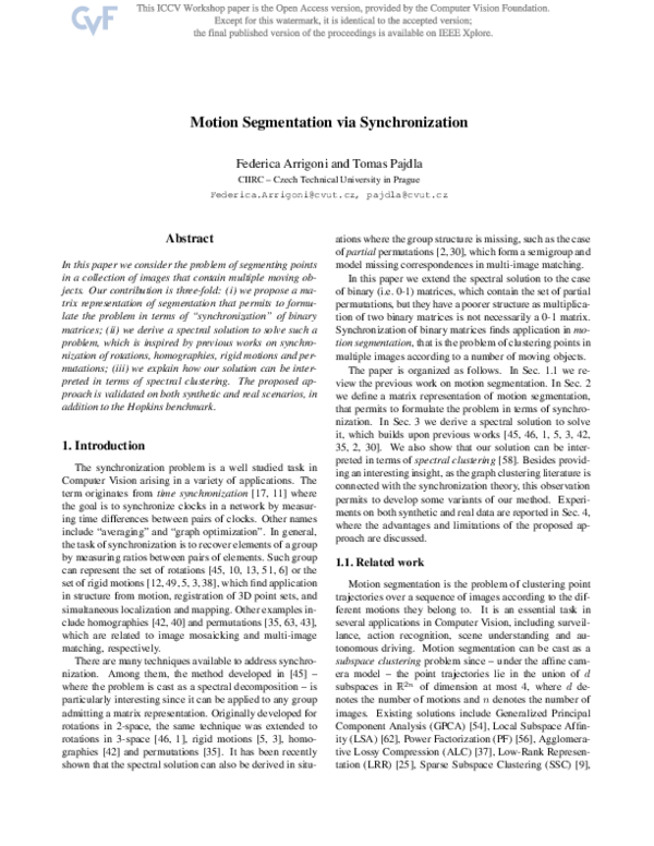 Pdf Motion Segmentation Via Synchronization