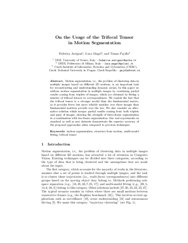 Pdf On The Usage Of The Trifocal Tensor In Motion Segmentation