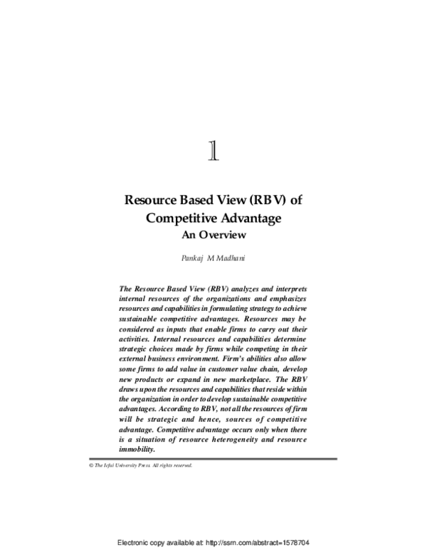 (PDF) Resource Based View (RBV) of Competitive Advantage