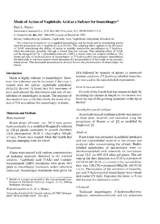 (PDF) Mode of Action of Naphthalic Acid as a Safener for Imazethapyr