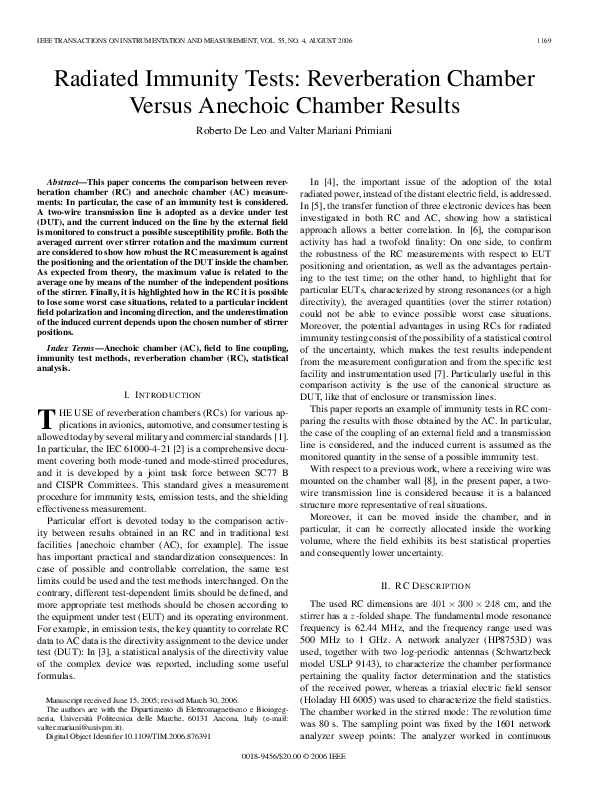 (PDF) Radiated immunity tests: reverberation chamber versus anechoic ...