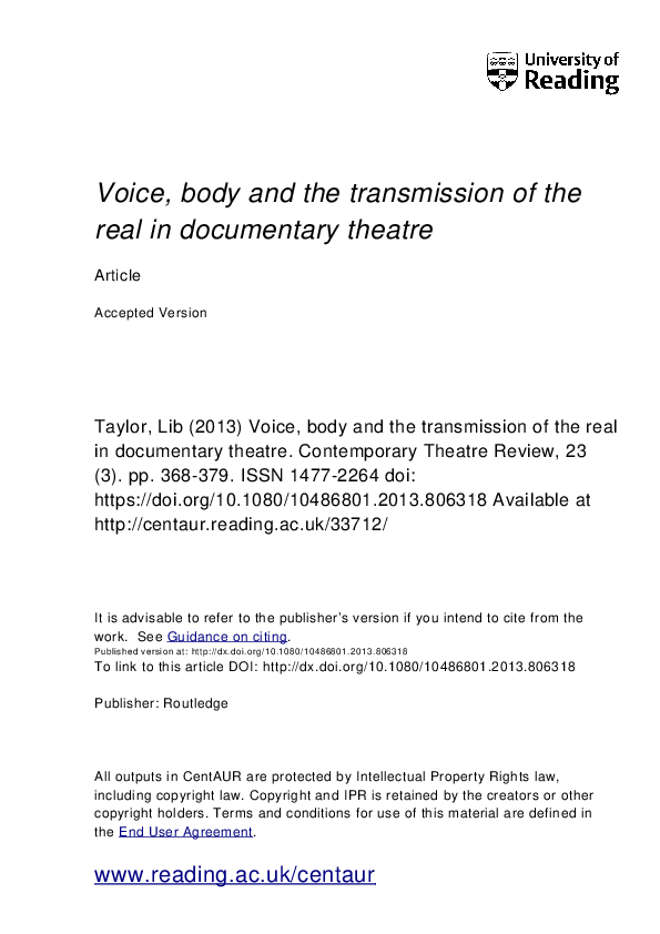 (PDF) Voice, Body and the Transmission of the Real in Documentary Theatre