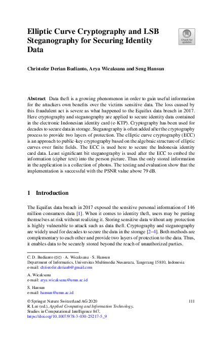(PDF) Elliptic Curve Cryptography and LSB Steganography for Securing Identity Data