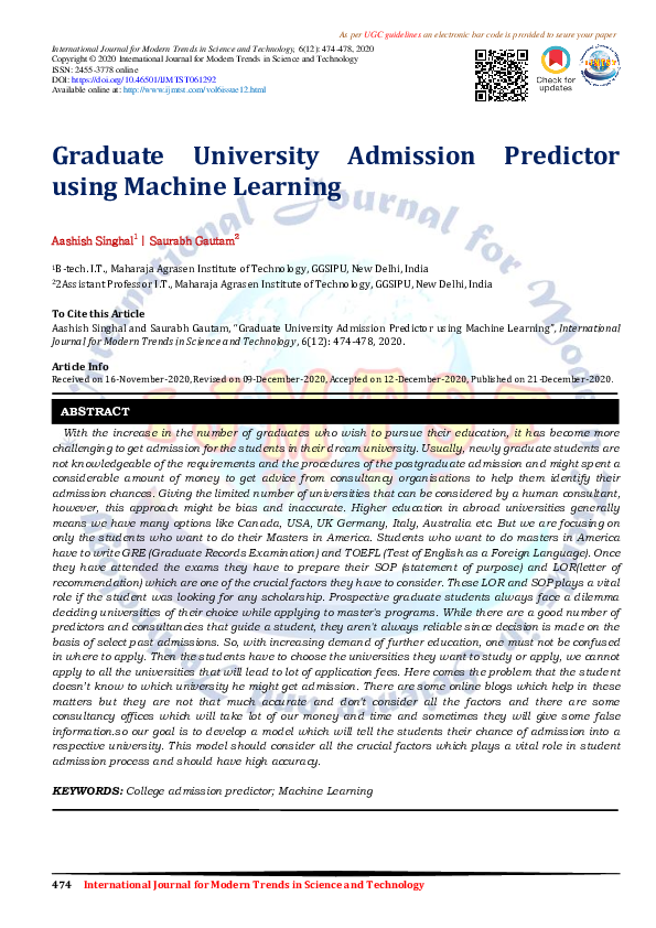 (PDF) Graduate University Admission Predictor using Machine Learning