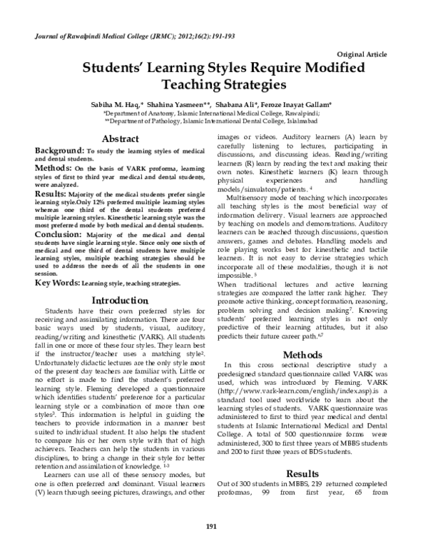 (PDF) Students' Learning Styles Require Modified Teaching Strategies (PDF) Students' Learning Styles Require Modified Teaching Strategies
