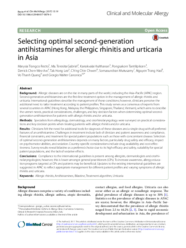 (PDF) Selecting optimal second-generation antihistamines for allergic ...
