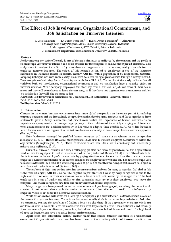 (PDF) The Effect of Job Involvement, Organizational Commitment, and Job Satisfaction on Turnover ...