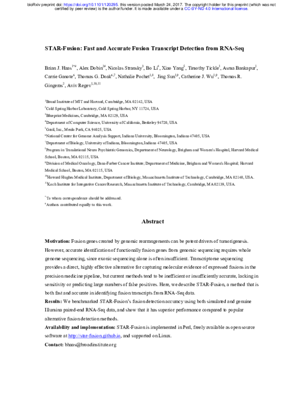 Pdf Star Fusion Fast And Accurate Fusion Transcript Detection From
