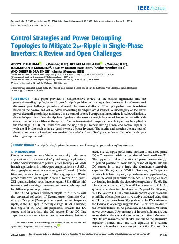 (PDF) Control Strategies and Power Decoupling Topologies to Mitigate 2ω ...