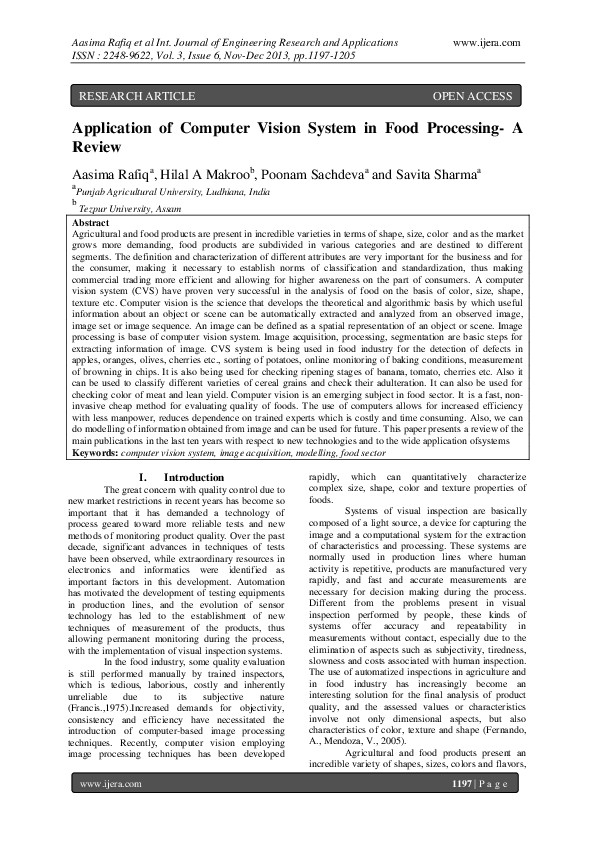 (PDF) Application of Computer Vision System in Food Processing- A Review