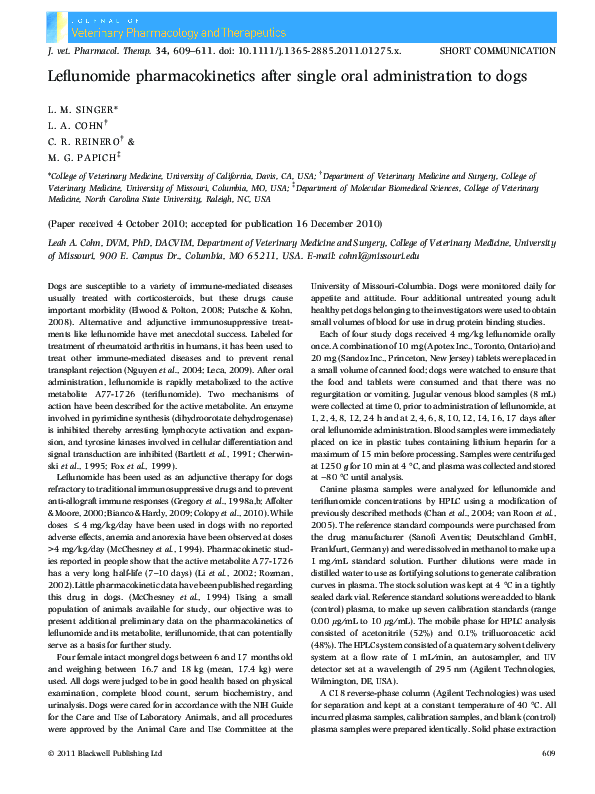 (PDF) Leflunomide pharmacokinetics after single oral administration to dogs