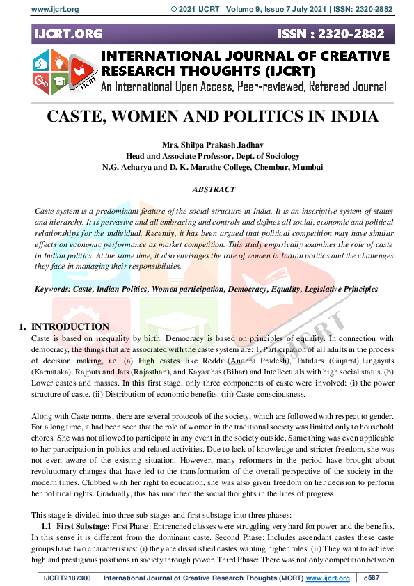 (PDF) Caste, Women and Politics in India