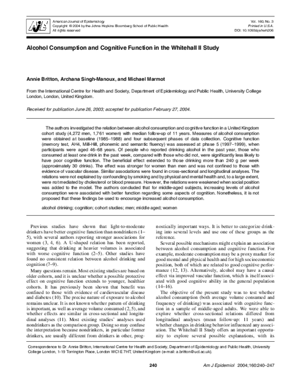 (PDF) Alcohol Consumption and Cognitive Function In the Whitehall II Study
