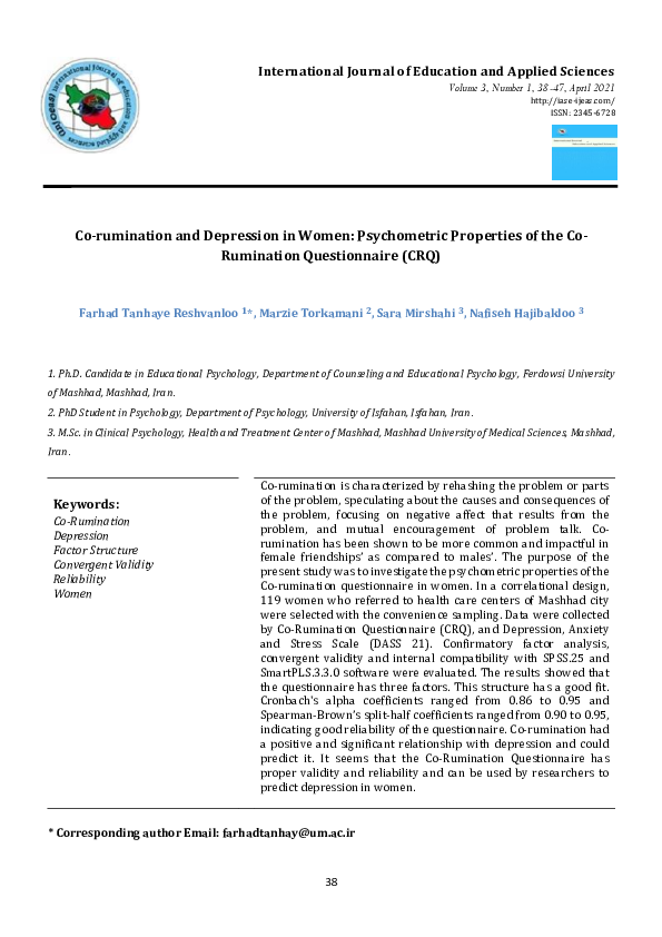 (PDF) Co-rumination and Depression in Women: Psychometric Properties of ...