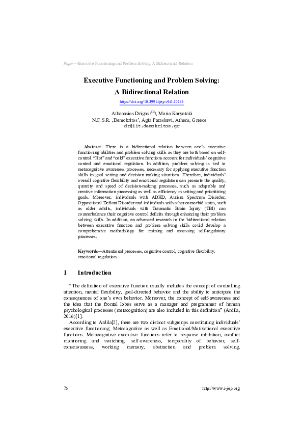 (PDF) Executive Functioning and Problem Solving: A Bidirectional Relation