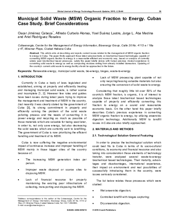 (PDF) Municipal Solid Waste (MSW) Organic Fraction to Energy. Cuban ...