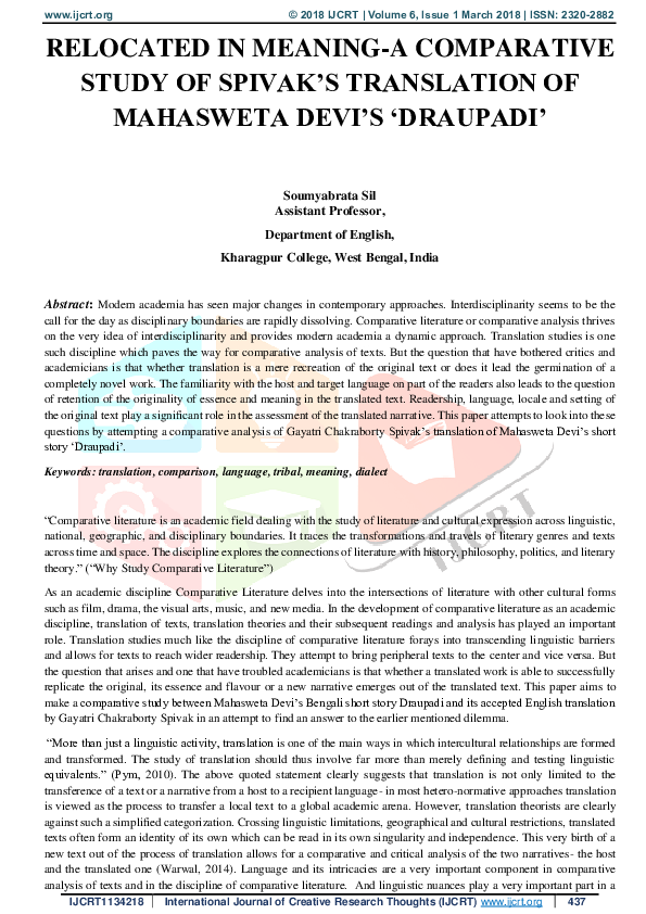 (PDF) RELOCATED IN MEANING-A COMPARATIVE STUDY OF SPIVAK'S TRANSLATION ...