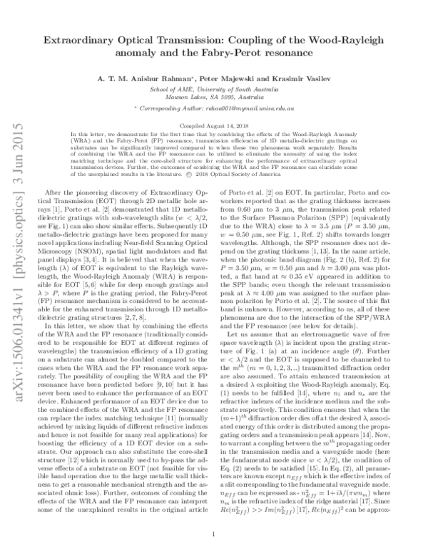 (PDF) Extraordinary optical transmission: coupling of the Wood–Rayleigh ...
