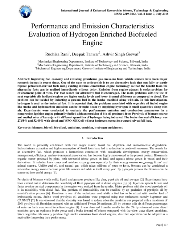 (PDF) Performance and Emission Characteristics Evaluation of Hydrogen Enriched Biofueled Engine