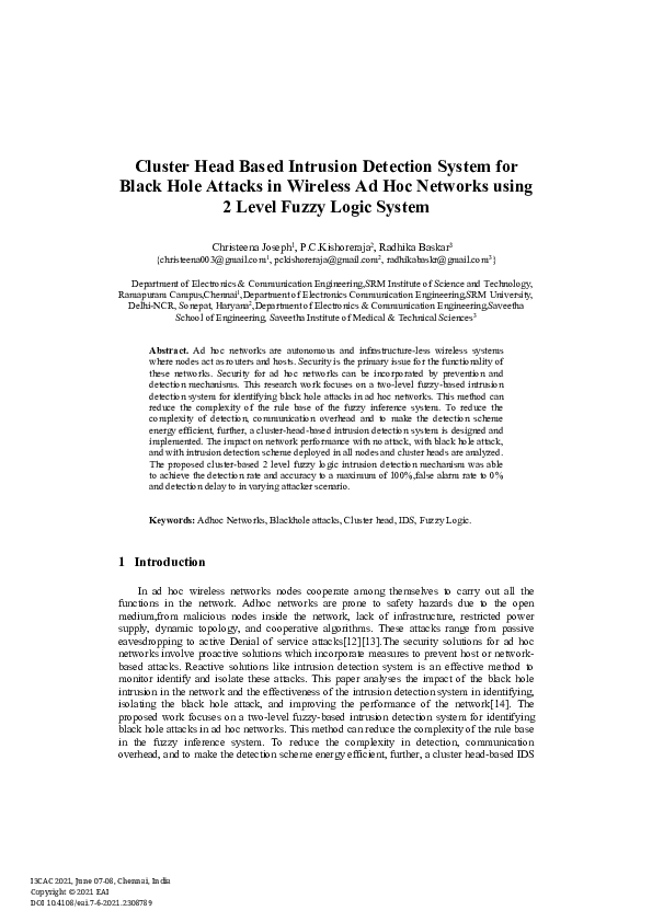 Pdf Cluster Head Based Intrusion Detection System For Black Hole