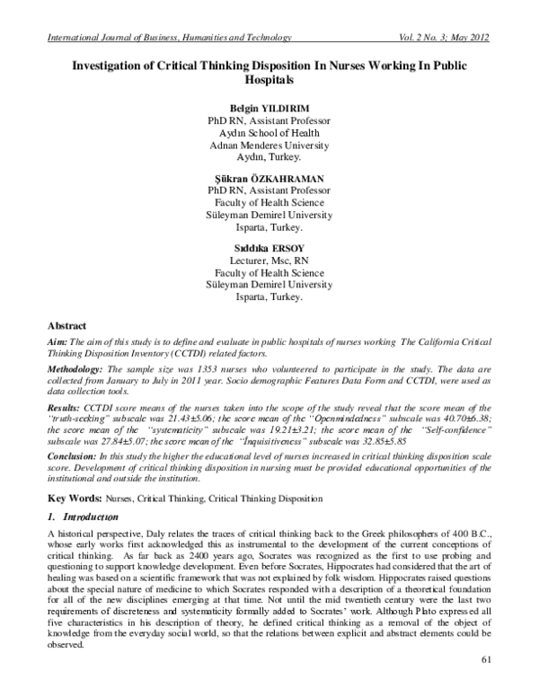 (PDF) Investigation of Critical Thinking Disposition In Nurses Working ...