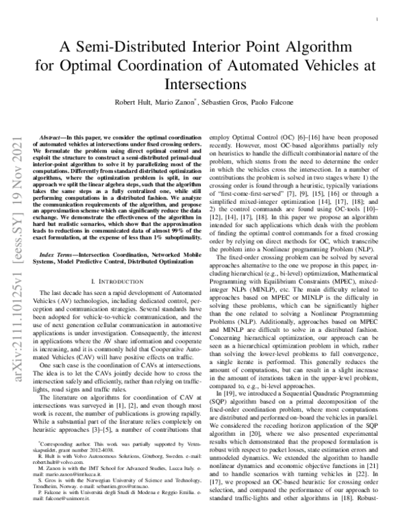 Pdf A Semi Distributed Interior Point Algorithm For Optimal Coordination Of Automated Vehicles