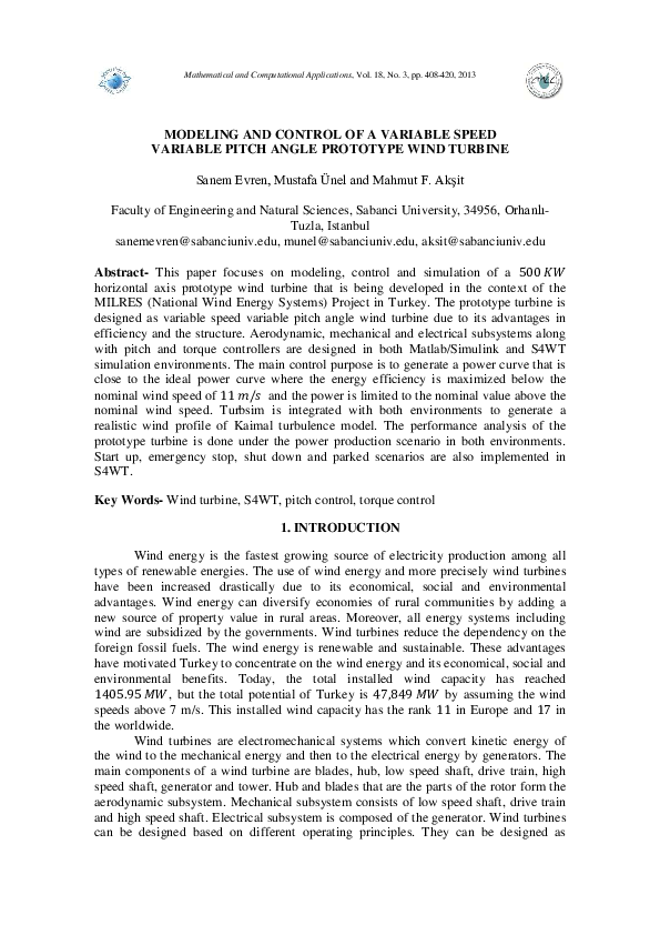 Pdf Modeling And Control Of A Variable Speed Variable Pitch Angle Prototype Wind Turbine