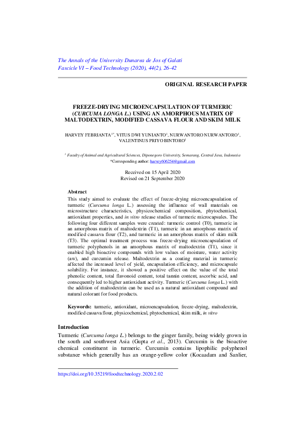 Pdf Freeze Drying Microencapsulation Of Turmeric Curcuma Longa L Using An Amorphous Matrix