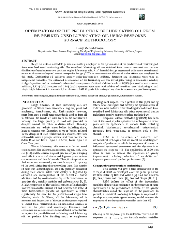 (PDF) Optimization of the Production of Lubricating Oil from Re-Refined Used Lubricating Oil ...