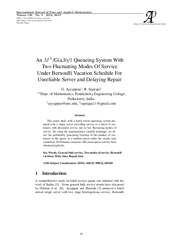 (PDF) An M X / G ( a , b ) / 1 Queueing System With Two Fluctuating Modes Of Service Under ...