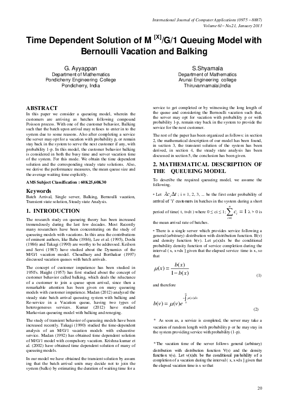 (PDF) Time Dependent Solution of M (X) /G/1 Queuing Model with ...