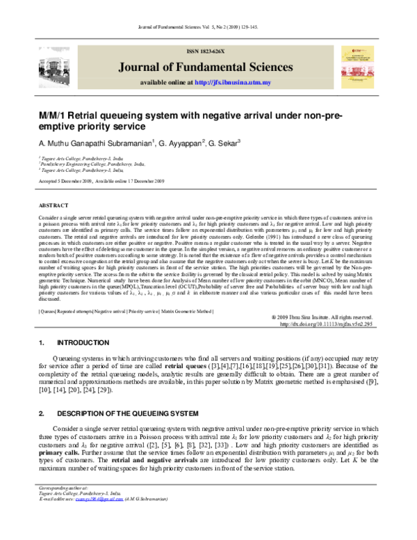 Pdf Mm1 Retrial Queueing System With Negative Arrival Under Non