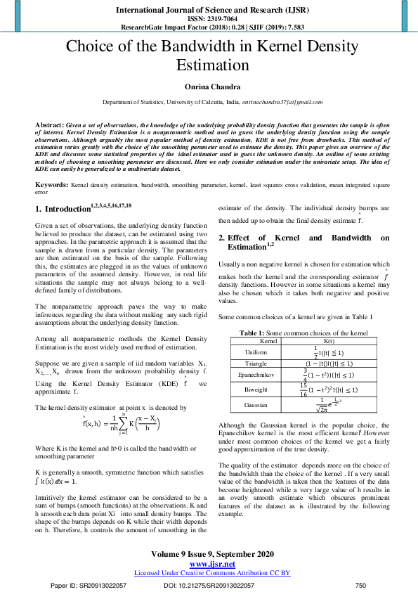 Pdf Choice Of The Bandwidth In Kernel Density Estimation