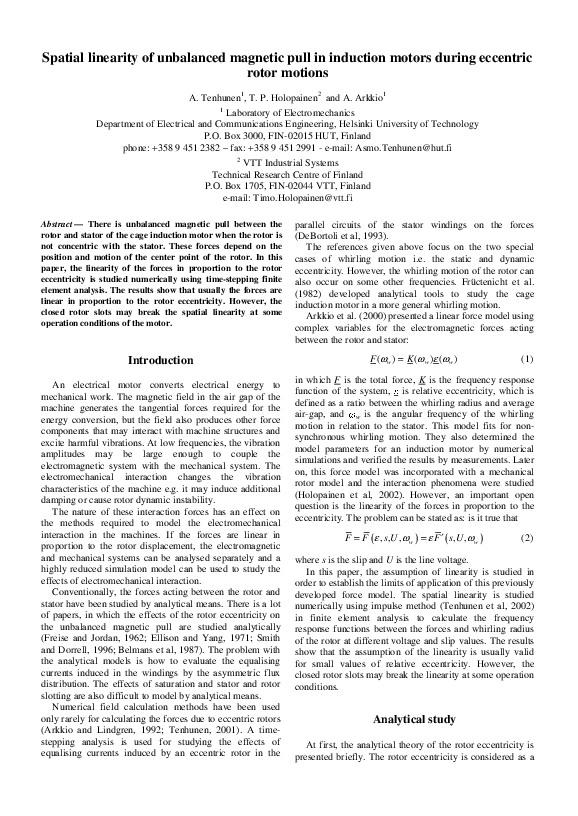 (PDF) Spatial linearity of an unbalanced magnetic pull in induction ...