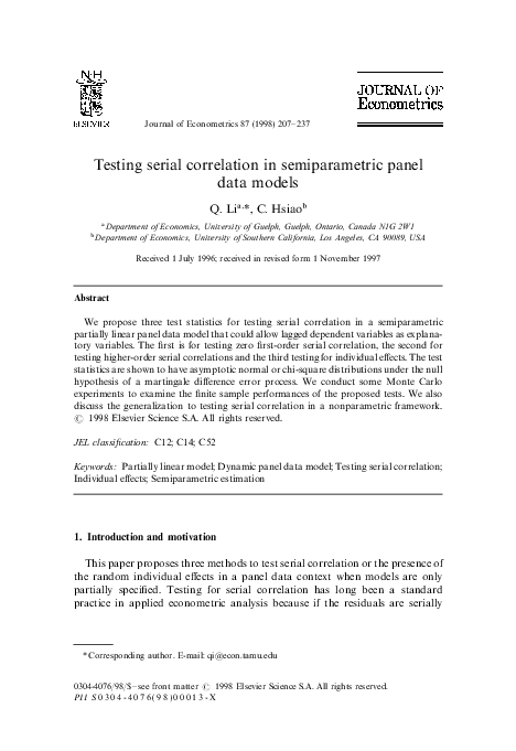 (PDF) Testing serial correlation in semiparametric panel data models