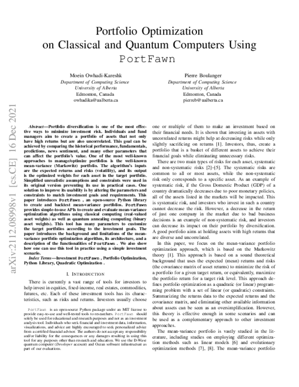 (PDF) Portfolio Optimization on Classical and Quantum Computers Using ...
