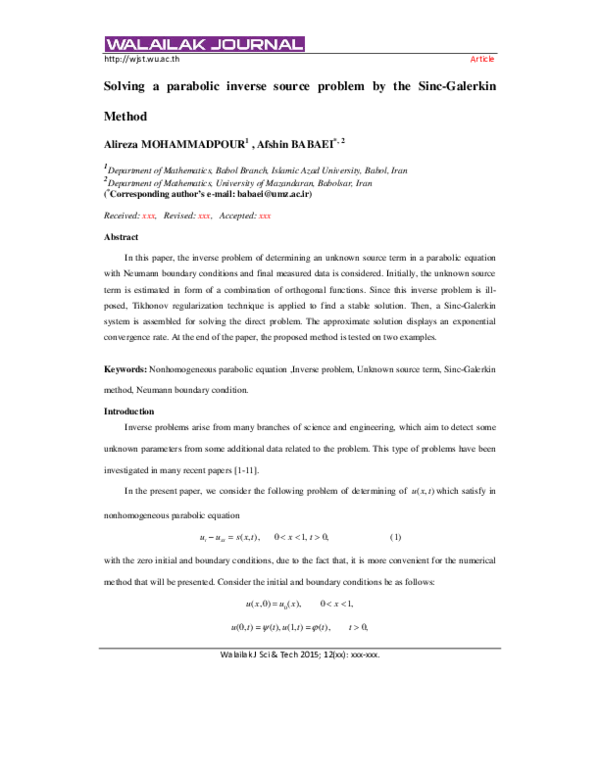 (PDF) Solving a parabolic inverse source problem by the Sinc-Galerkin Method