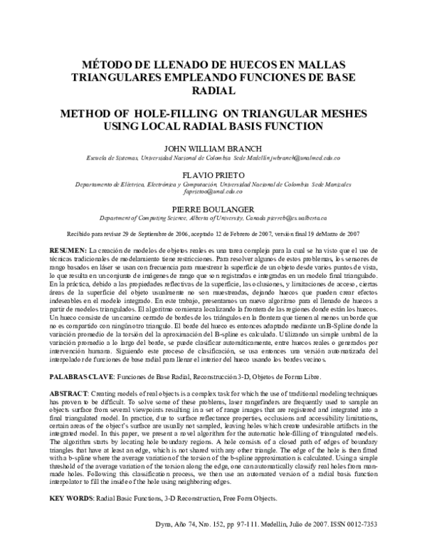 (PDF) Automatic Hole-Filling of Triangular Meshes Using Local Radial Basis Function