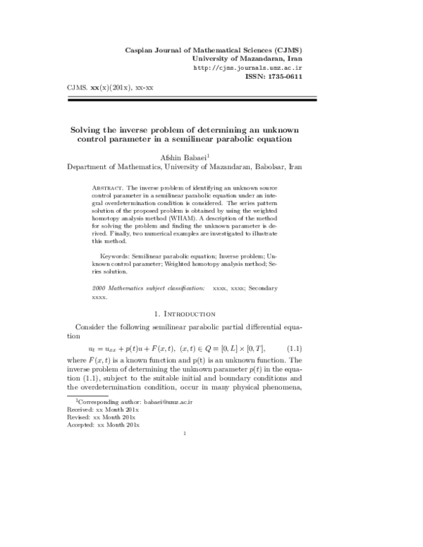 Pdf Solving The Inverse Problem Of Determining An Unknown Control Parameter In A Semilinear