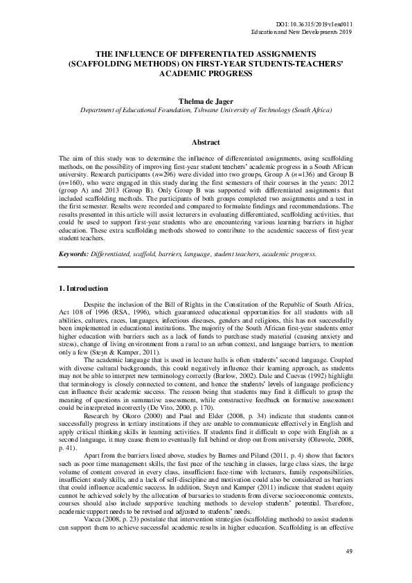 (PDF) The Influence of Differentiated Assignments (Scaffolding Methods ...
