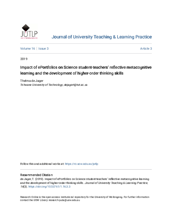 (PDF) Impact of ePortfolios on Science student-teachers' reflective metacognitive learning and ...