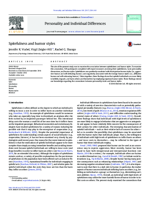 (PDF) Spitefulness and humor styles