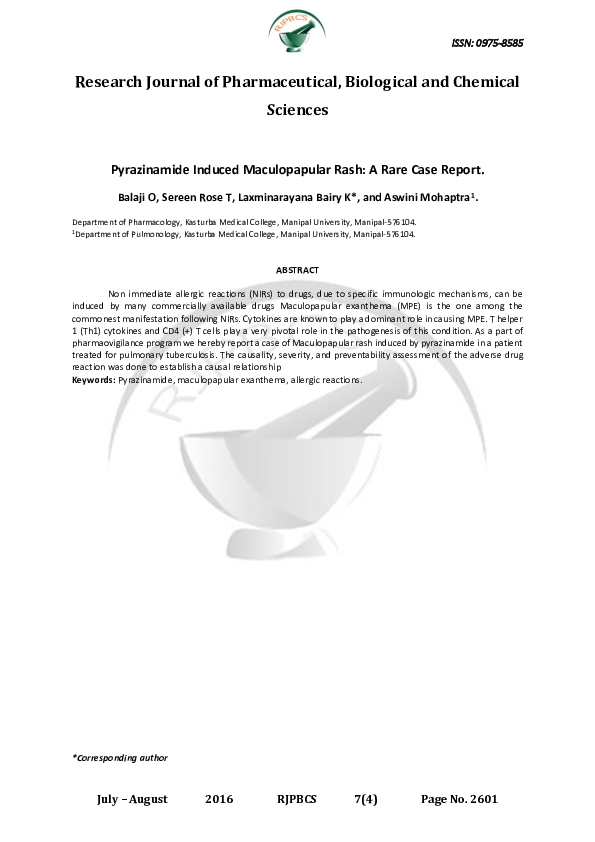 (PDF) Pyrazinamide induced maculopapular rash: A rare case report