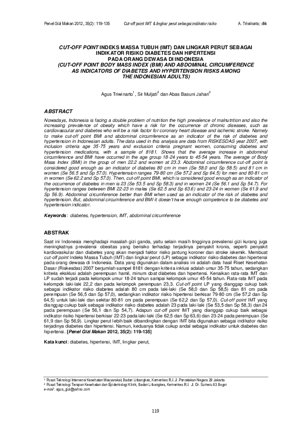 (PDF) Cut-Off Point Indeks Massa Tubuh (Imt) Dan Lingkar Perut Sebagai ...