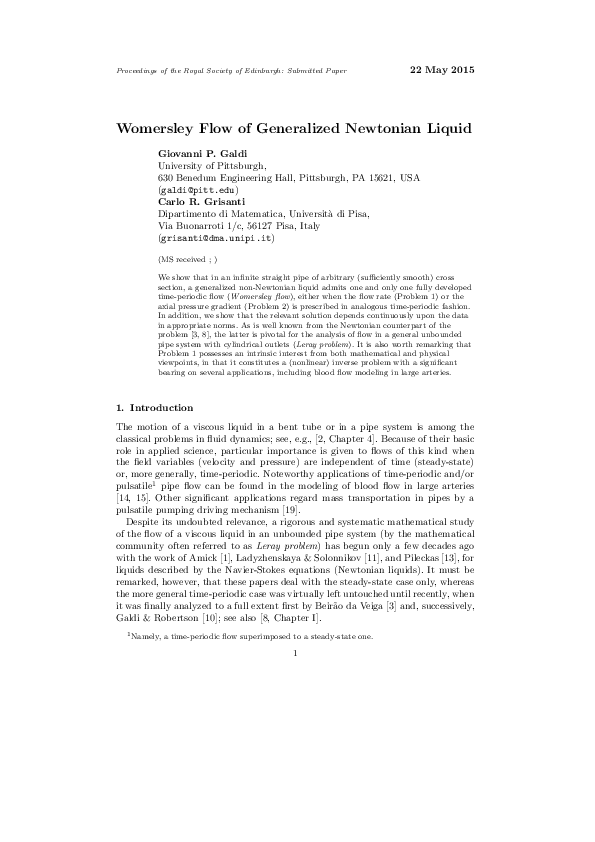 (PDF) Womersley flow of generalized Newtonian liquid