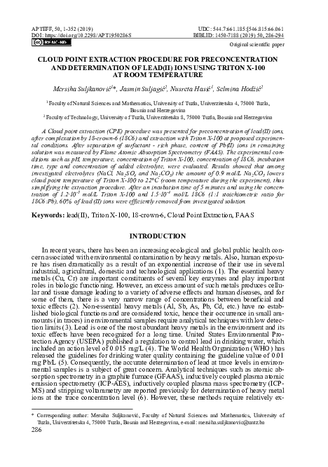 Pdf Cloud Point Extraction Procedure For Preconcentration And Determination Of Lead Ii Ions