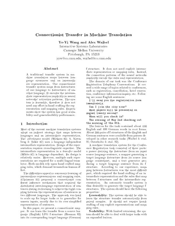 (PDF) Connectionist transfer in machine translation